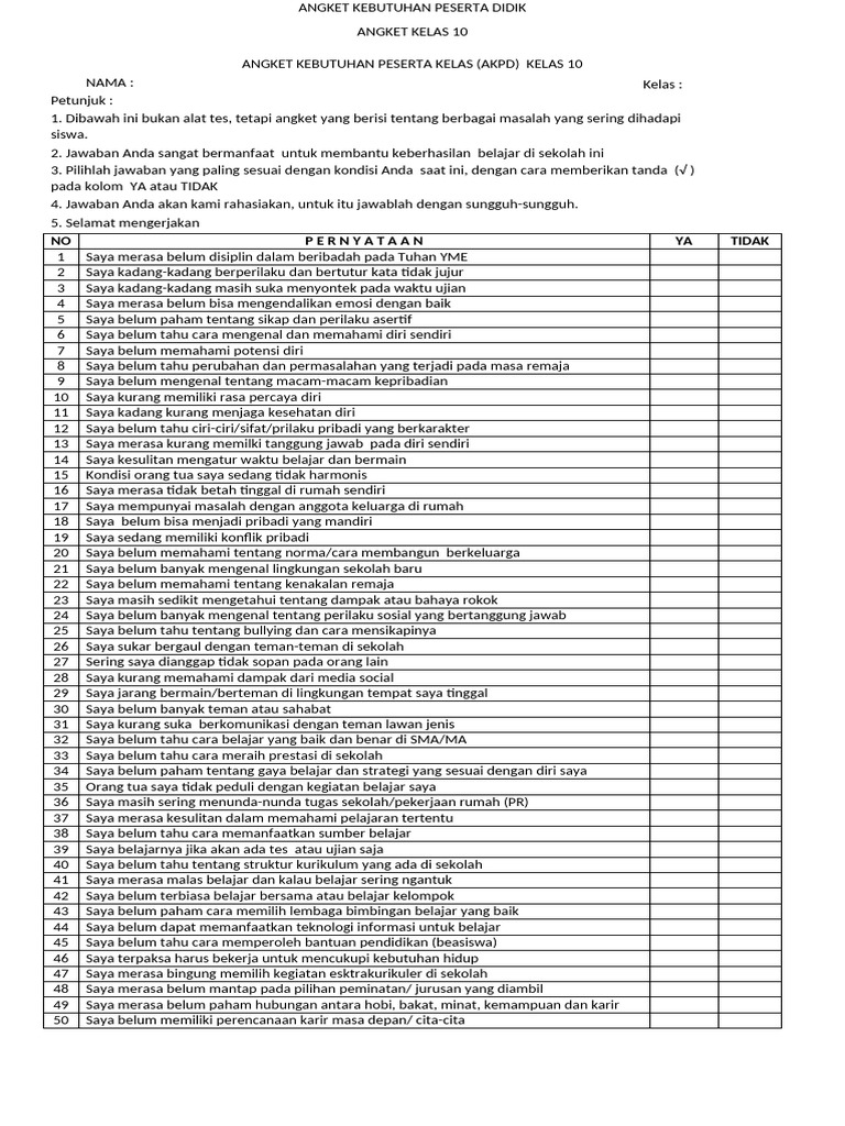 ANGKET Akpd Sma WTB 2024 | PDF