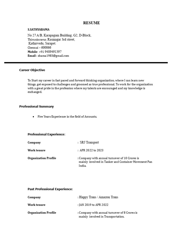 Resume: No 27 A/B, Karapagam Building, G2, D-Block, Rasinagar 3rd Street, Kathirvedu, Surapet ...