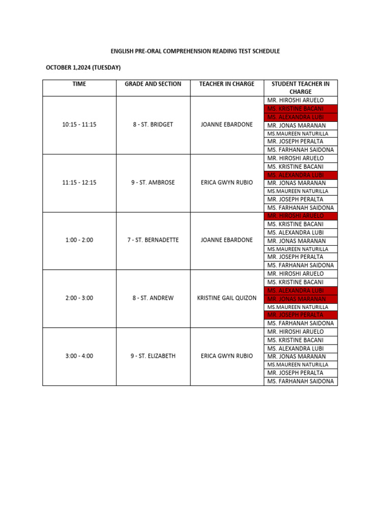 Pre-Oral Comprehension Test Schedule | PDF