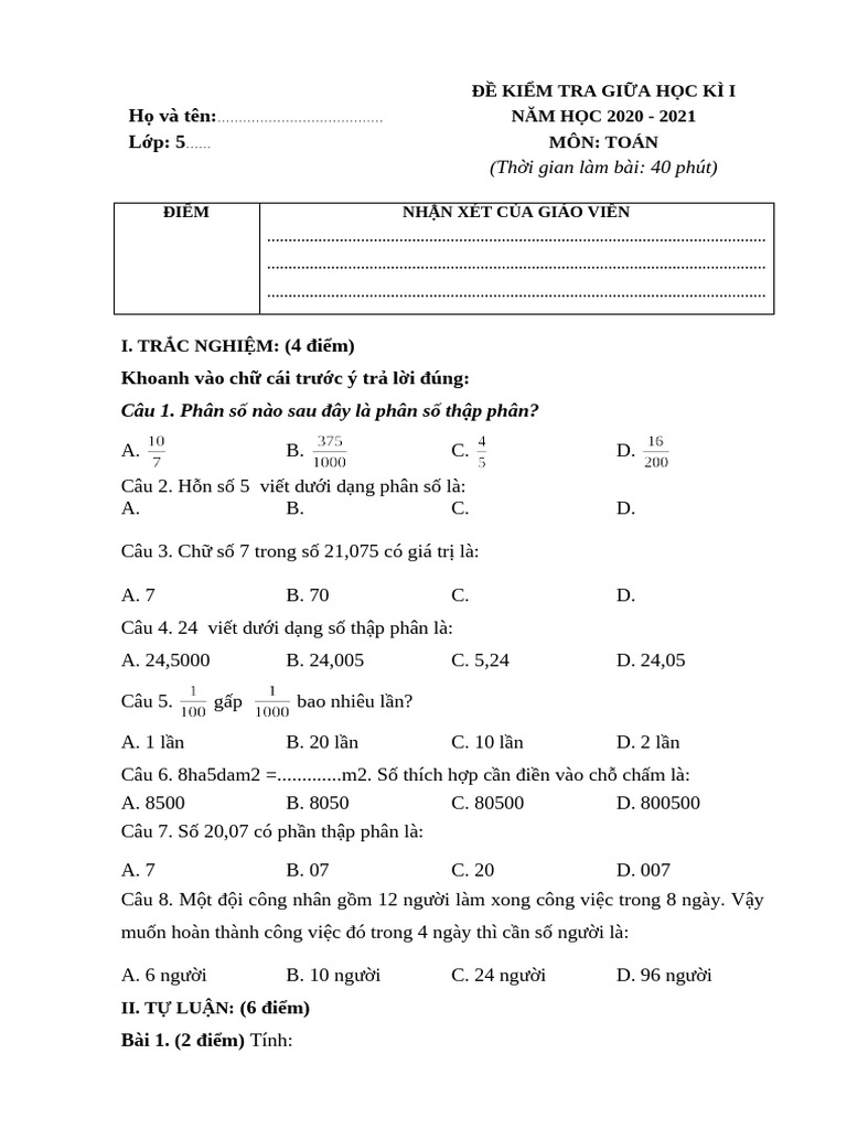 Lop 5 de KT Giua Ki 1 Toan Nam Hoc 20212022 | PDF