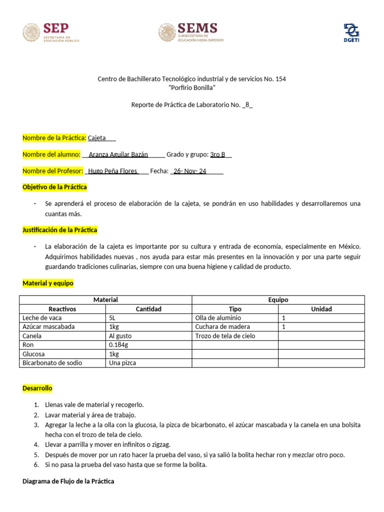 Reporte de Practica Cajeta | PDF