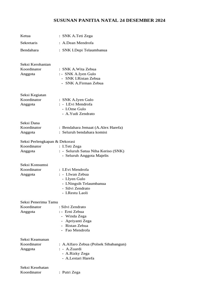 Susunan Panitia Natal 24 Desember 2024 | PDF