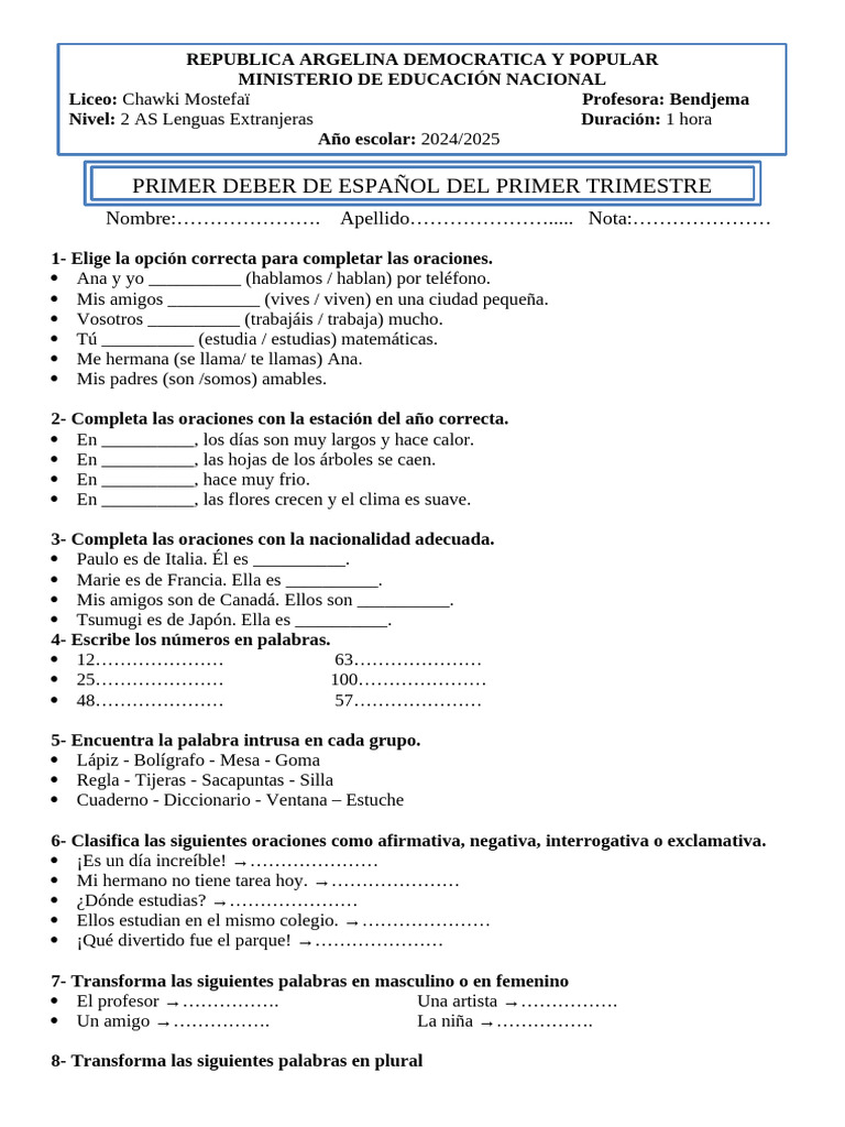 Examen Español 2º AS Lenguas Extranjeras | PDF