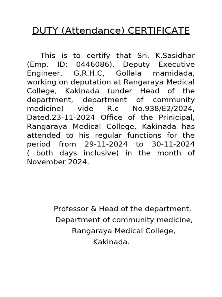 Duty Certificate at SPM, Kakinada RMC On 30-11-2024 | PDF