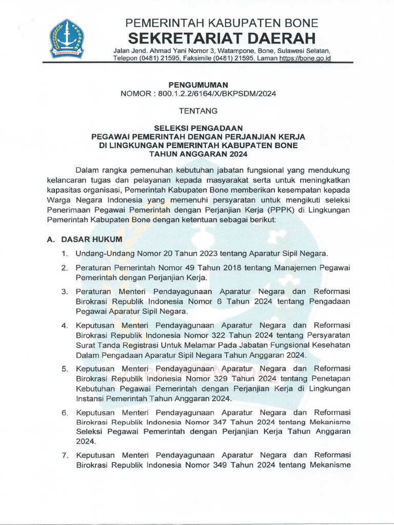 6164 - Pengumuman Seleksi Pengadaan PPPK 2024 Pemkab Bone | PDF