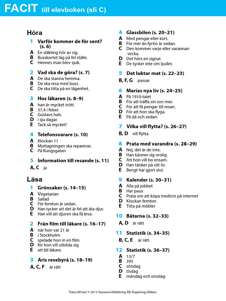 Träna Till Test - Sfi C - Facit | PDF