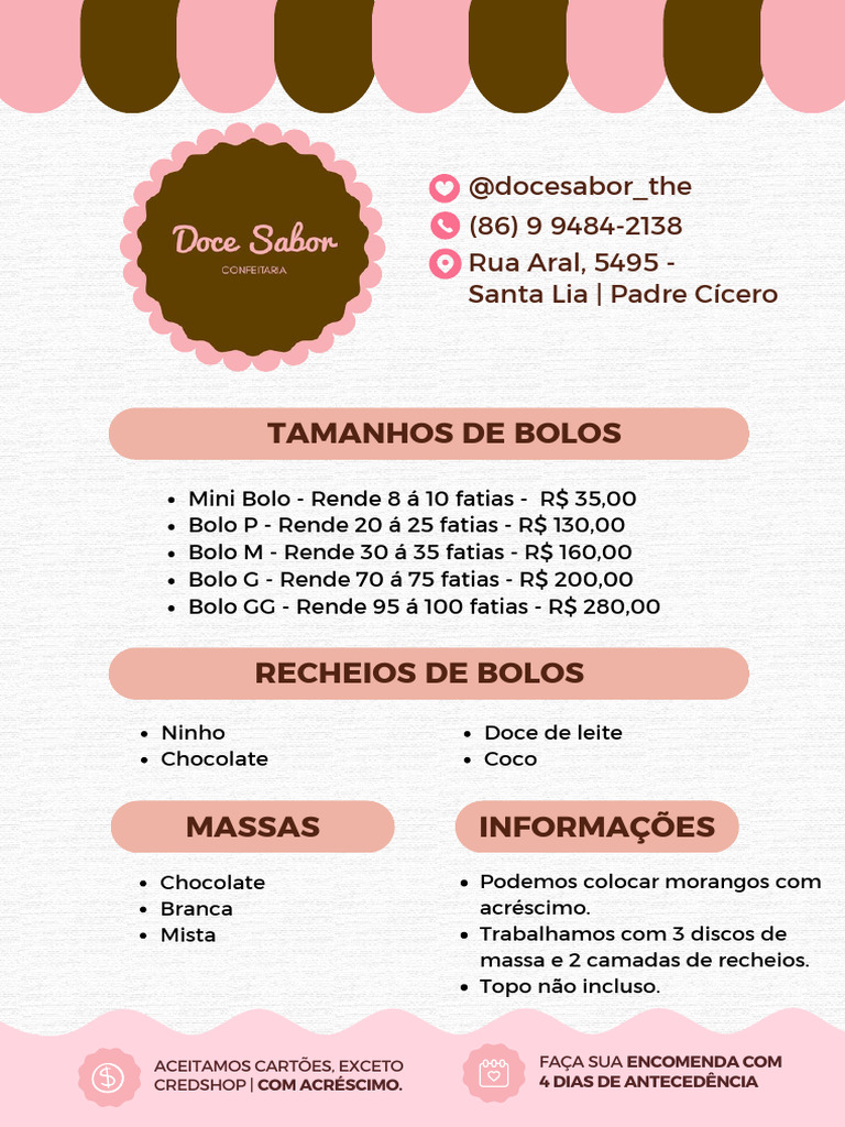 Menu de Bolos Confeitaria Moderno Rosa Marrom A4 - 20240814 - 163524 ...