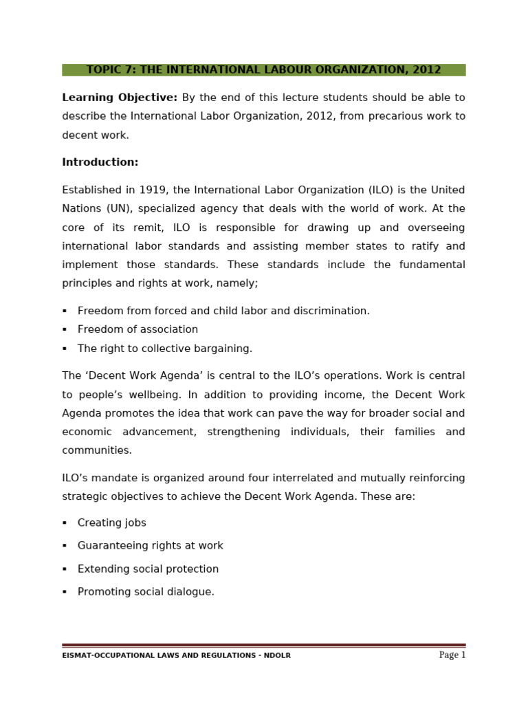 Topic 7-THE INTERNATIONAL LABOUR ORGANIZATION, 2012 | PDF ...