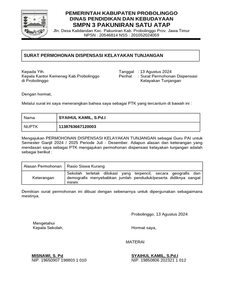 Format Permohonan Dispensasi Gpai Semester Ganjil Tahun 2024 2025 Kamil | PDF