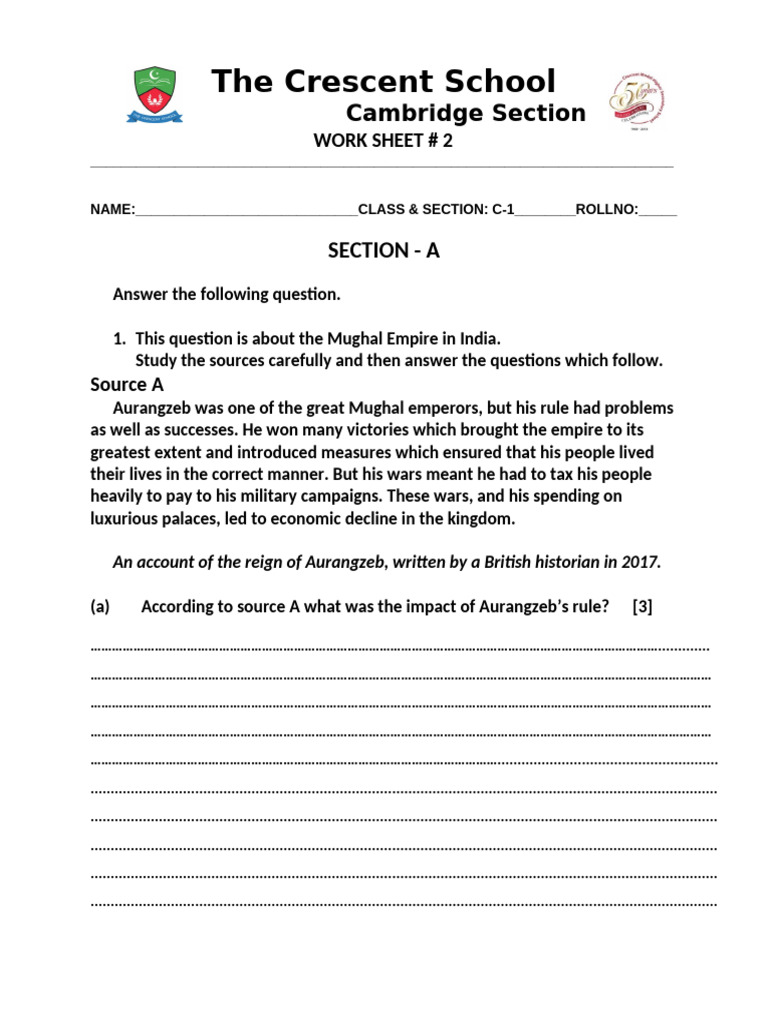 Work Sheet # 2, C-1 | PDF | Mughal Empire