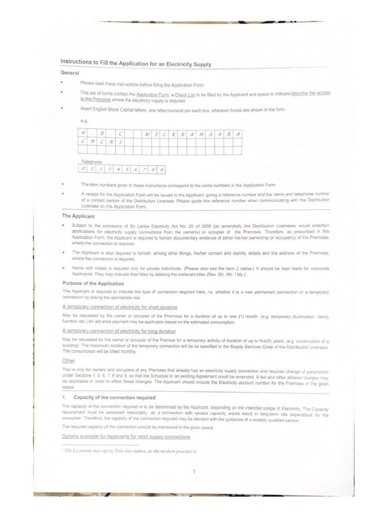 Instructions To Fill The Application For An Electricity Supply | PDF