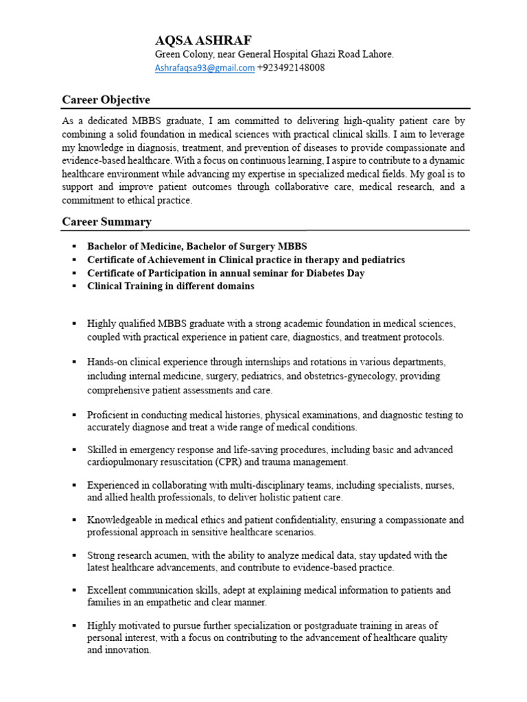 MBBS Graduate Resume for Medical Roles | PDF | Surgery | Medicine