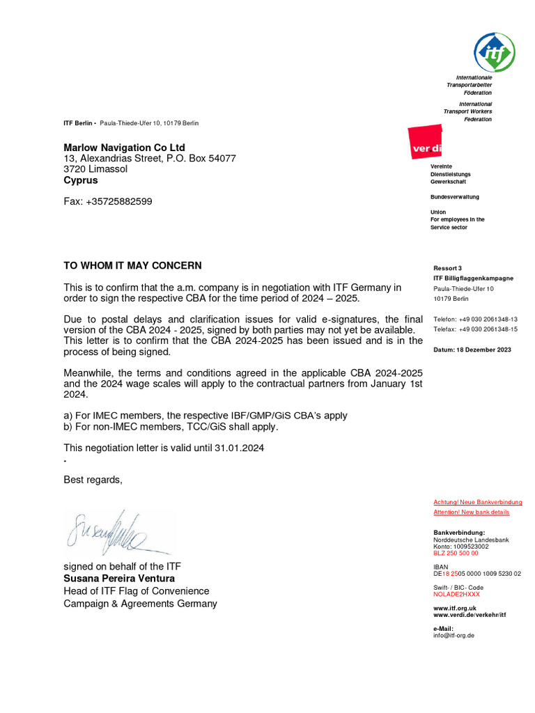 ITF IMEC IBF CBA 2024-2025 Confirmation | PDF | Employment | Overtime