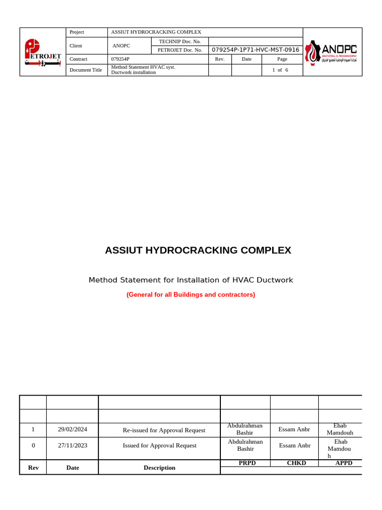 HVAC Ductwork Installation Method Statement | PDF | Duct (Flow ...