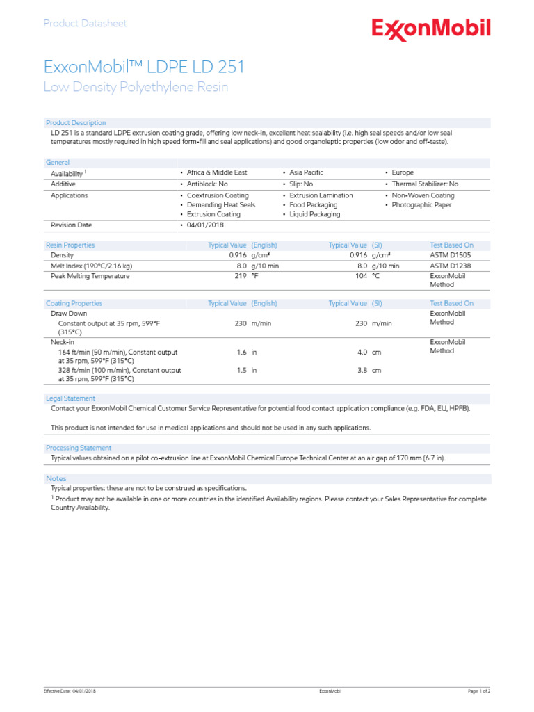 Exxonmobil™ Ldpe LD 251: Low Density Polyethylene Resin | PDF ...
