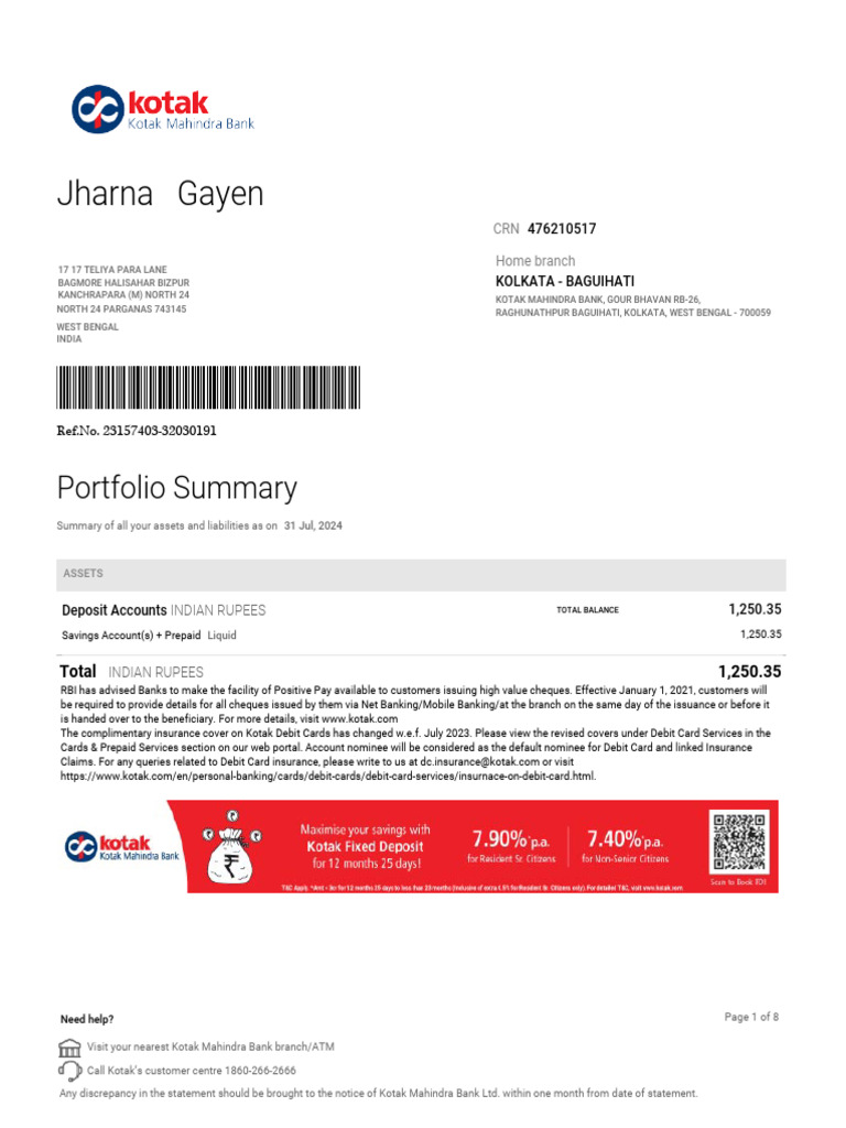 Kotak Bank July 2024 Account Statement | PDF | Banks | Credit Card
