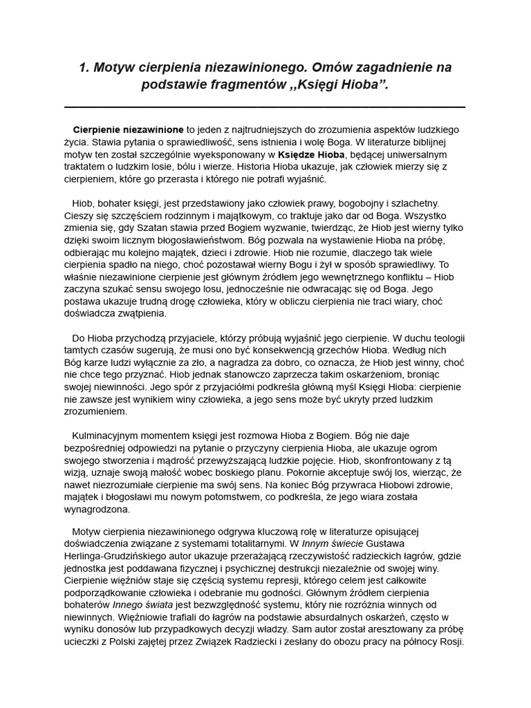 Motyw Cierpienia Niezawinionego. Omów Zagadnienie Na Podstawie ...