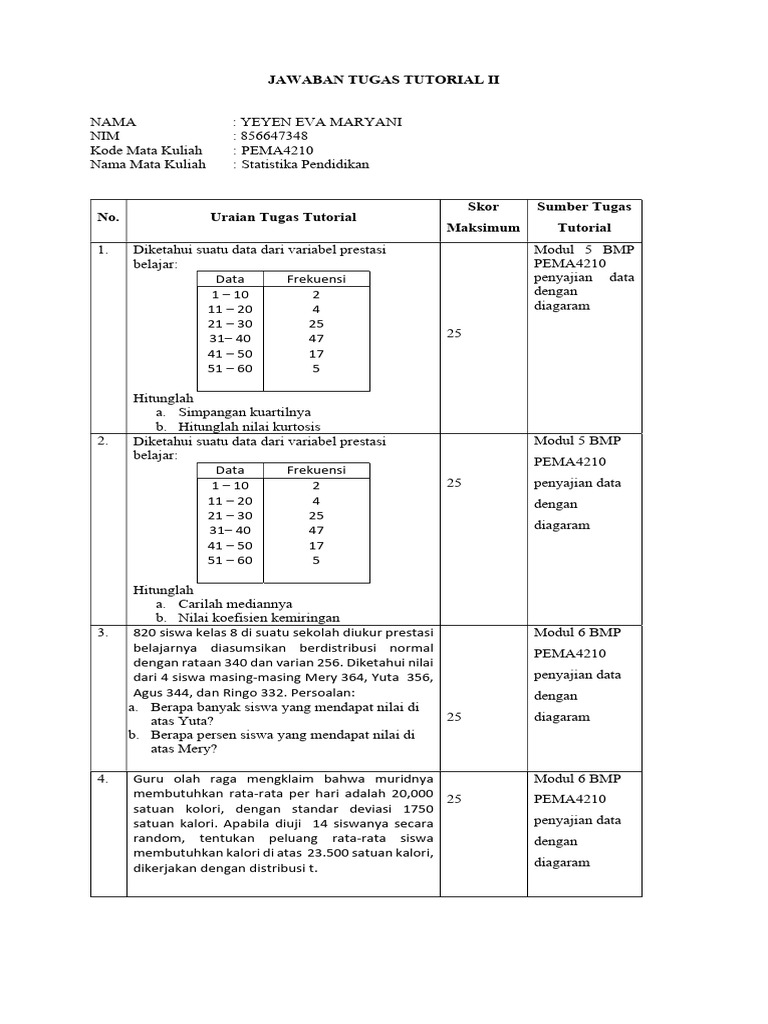 Jawaban Tugas Tutorial 2 Statistika Pendidikan | PDF