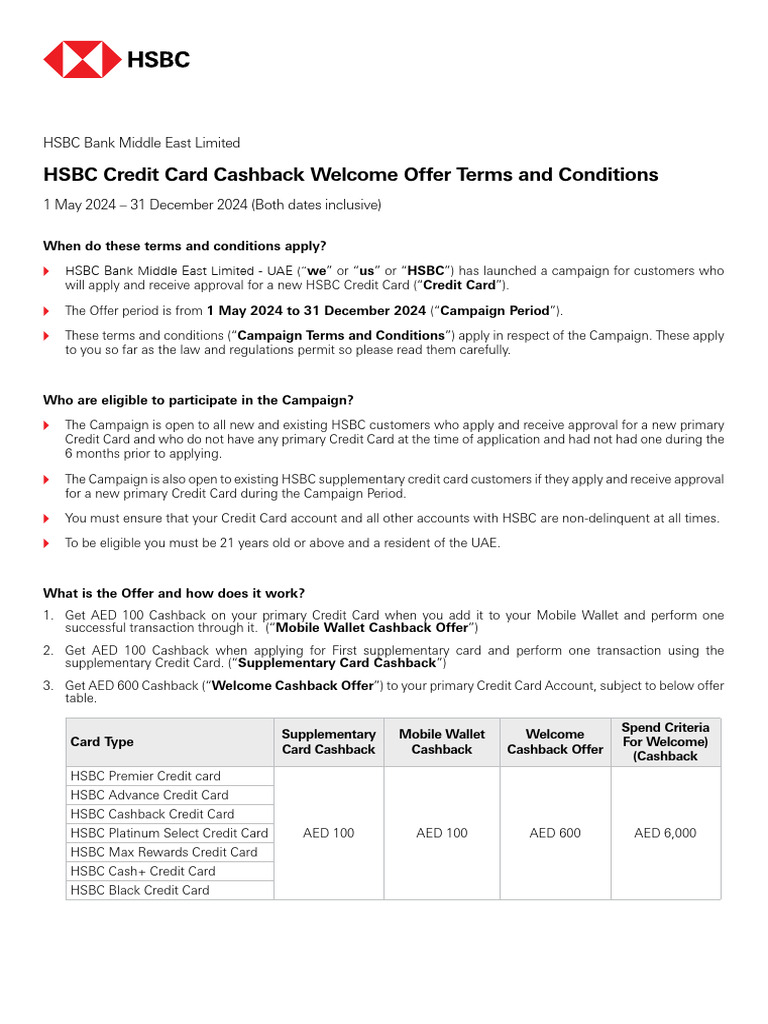 Credit Card Cashback Welcome Offer Terms and Conditions Ea | PDF ...