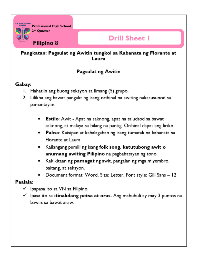 Drill Sheet 1: Filipino 8 | PDF