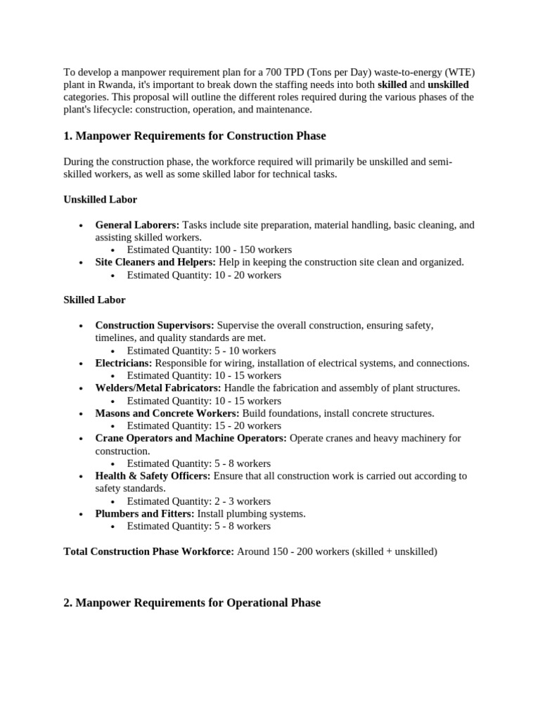 Manpower Plan for Rwanda WTE Plant | PDF | Waste | Incineration