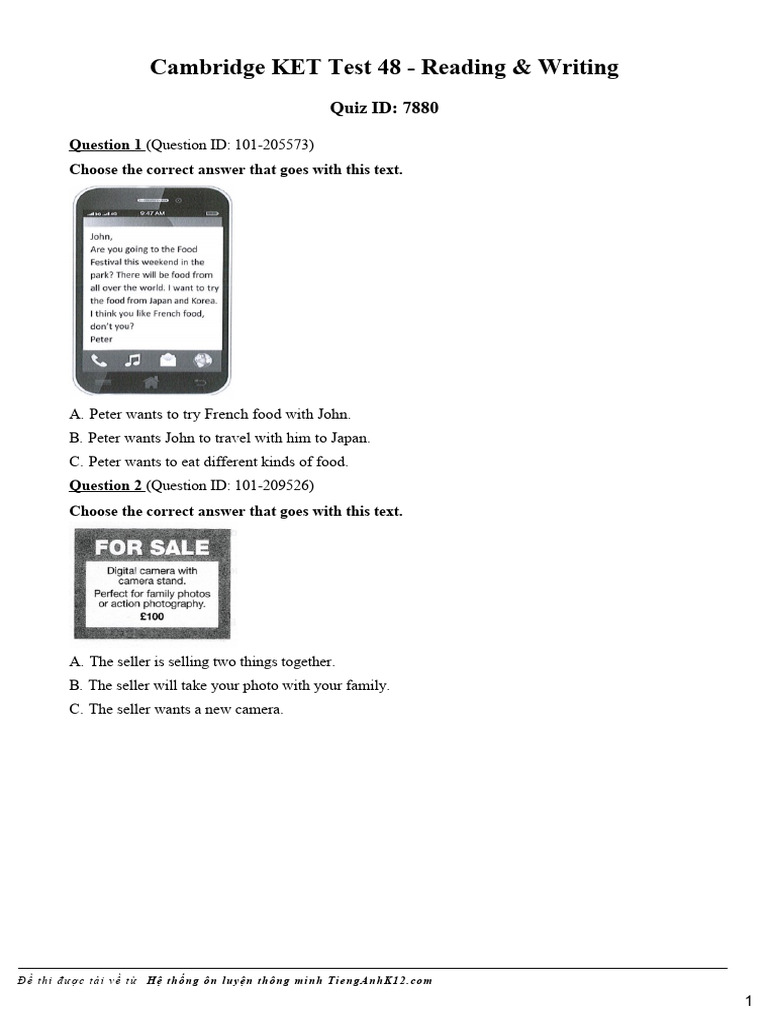 Cambridge KET Test 48: Reading & Writing | PDF