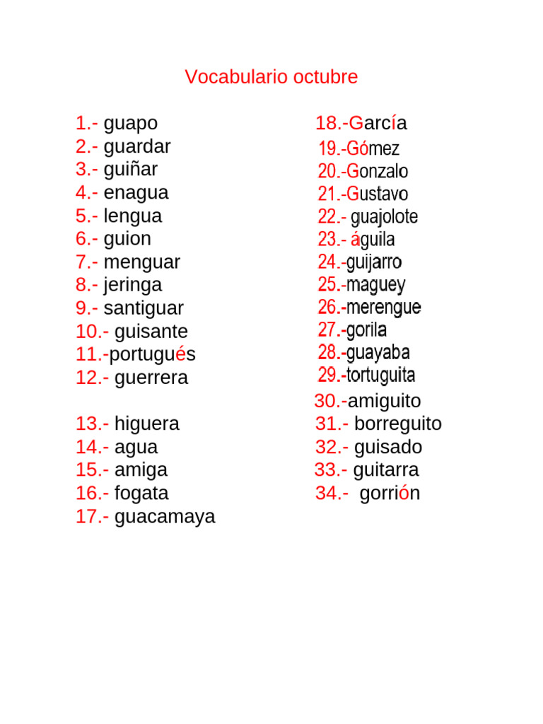Vocabulario Octubre | PDF