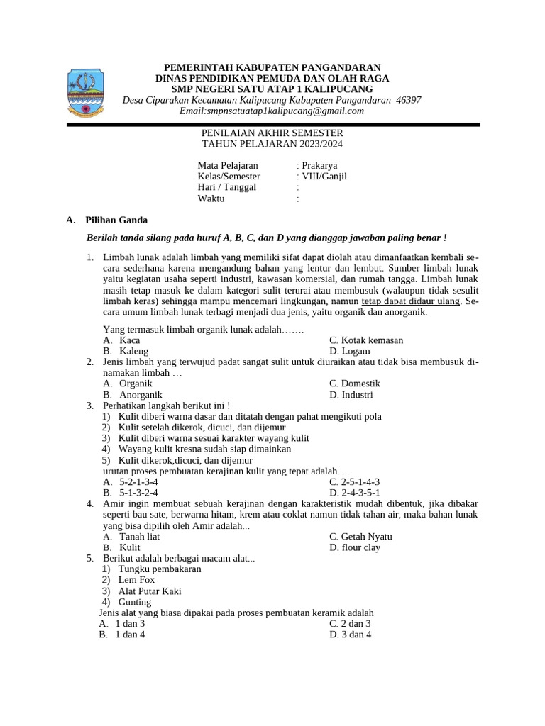 Soal Pas Prakarya Kelas 8 SMT 1 | PDF