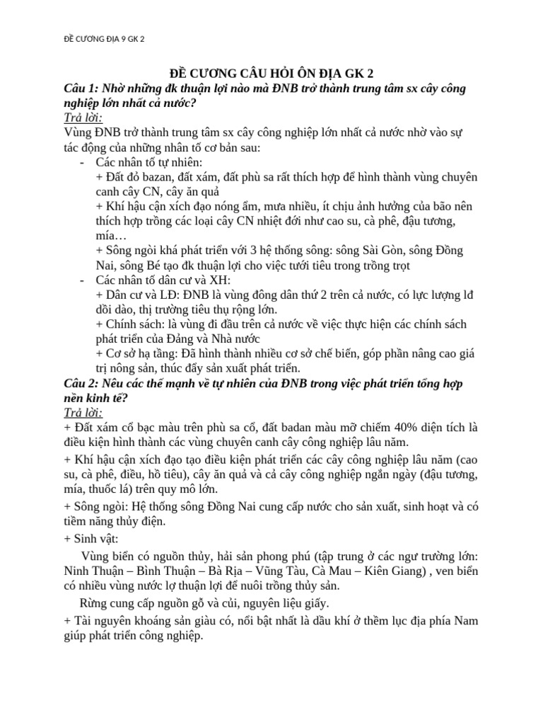 ĐỀ CƯƠNG CÂU HỎI ÔN ĐỊA GK 2 | PDF