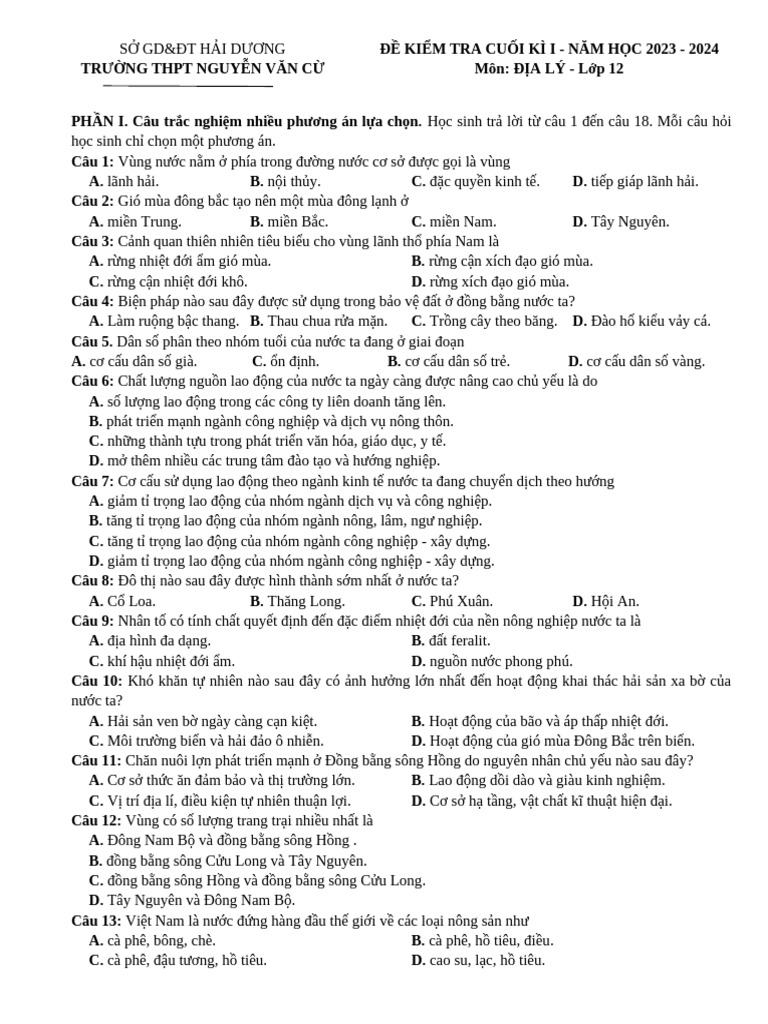 ĐỀ CUỐI KÌ I - K12 - TRƯỜNG THPT NVC | PDF