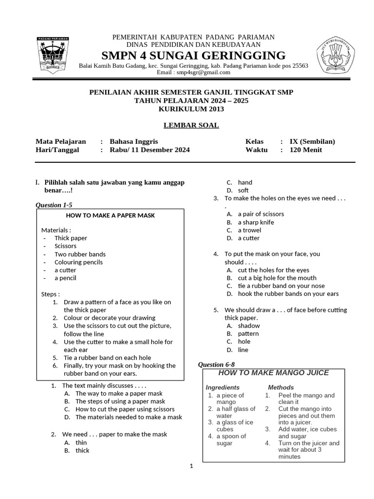 Soal Bahasa Inggris Kelas 9 Kurtilas 2024 | PDF