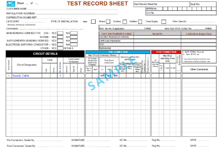 Test Record Sheet Sample | PDF