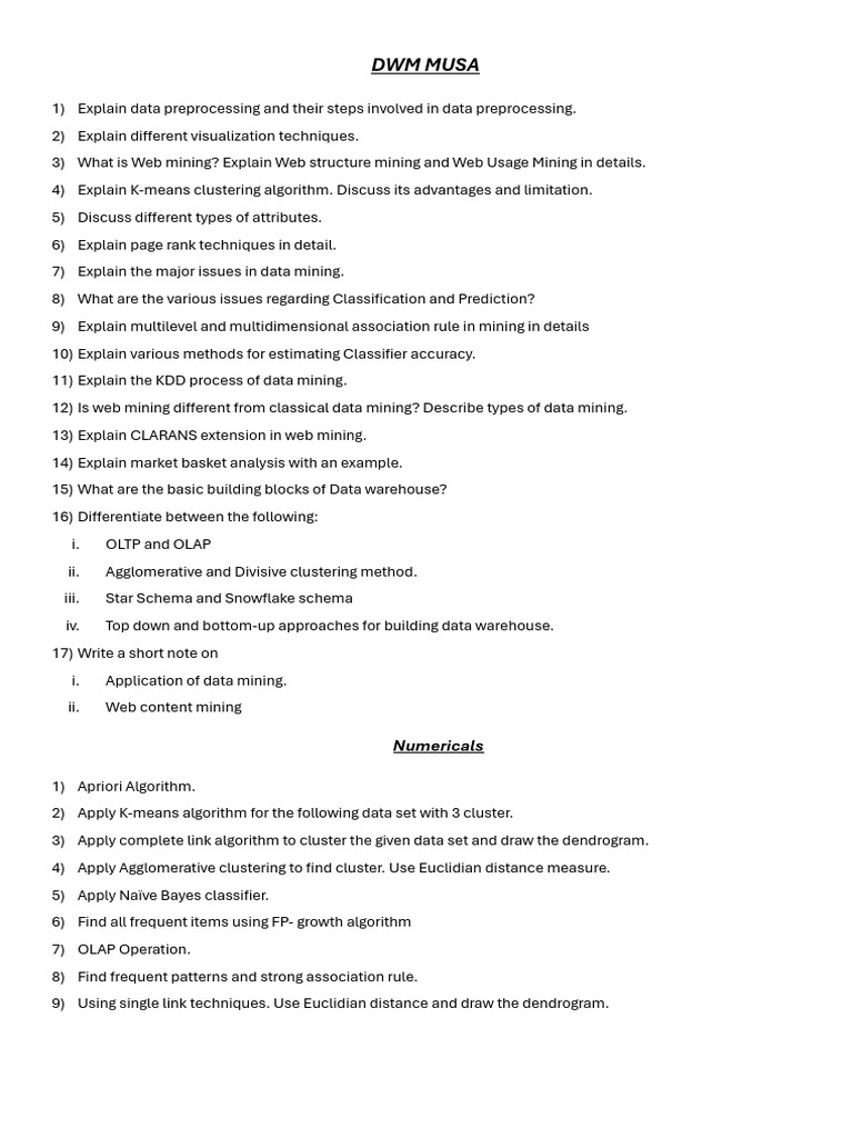 DWM Musa | PDF | Cluster Analysis | Data Mining