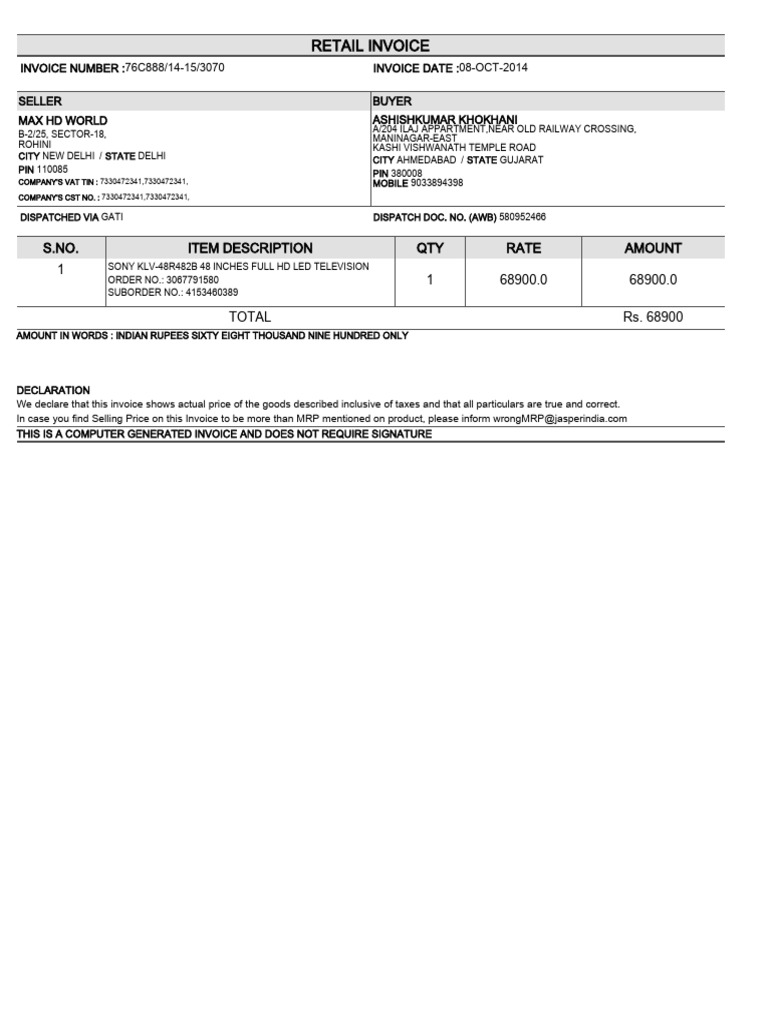 Sony Bravia Invoice | PDF | Invoice | Economies