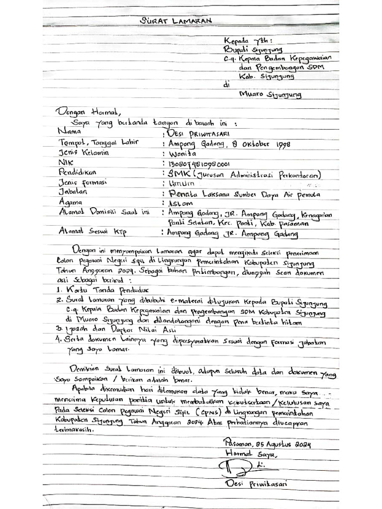 Scan SURAT LAMARAN DESI PRIWITASARI | PDF