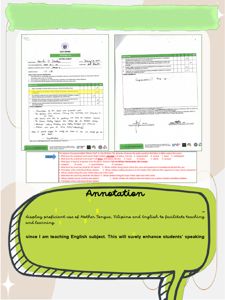 Annotation: Rating Sheet/Inter-Observer Agreement Form Cot 1 | PDF