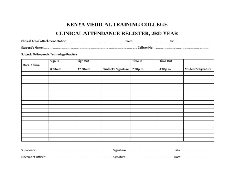 Clinical Attendance Register Template | PDF