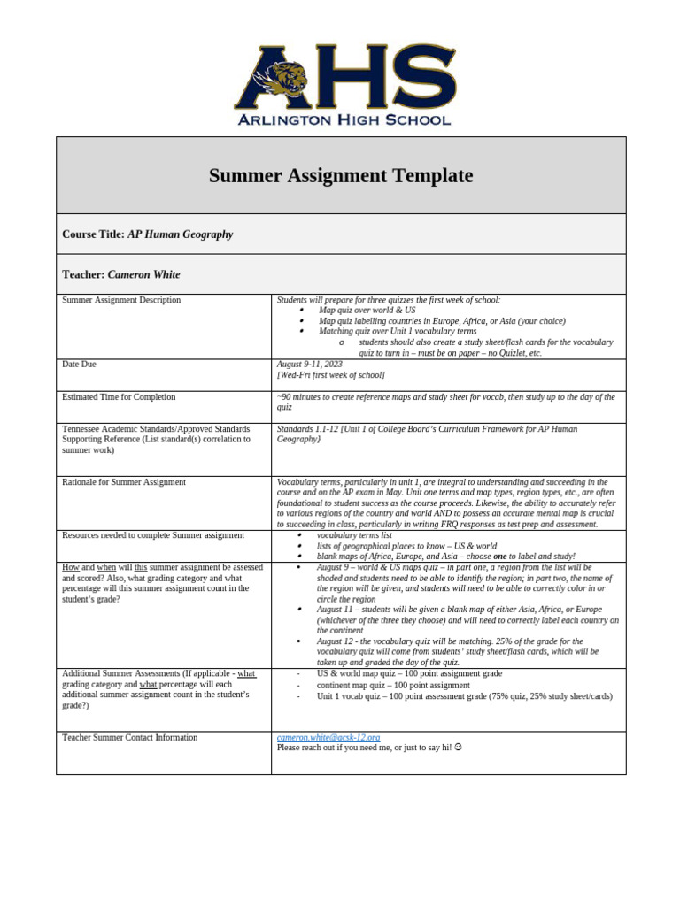 AHS Summer Assignment Template - APHuG 1 | PDF | Geography | Earth Sciences