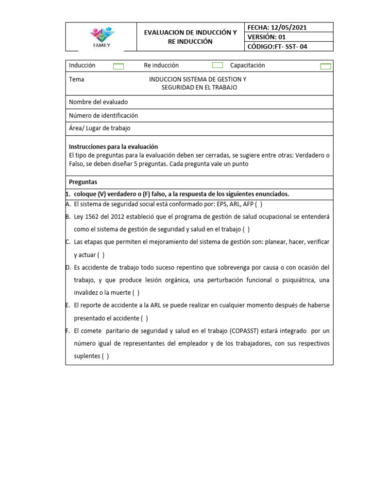 Evaluacion de Induccion y Reinduccion SST | PDF