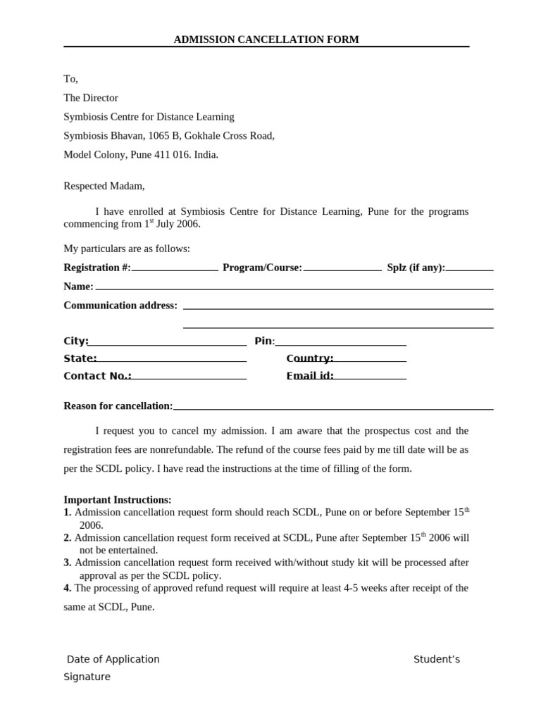 Admission Cancellation Form | PDF