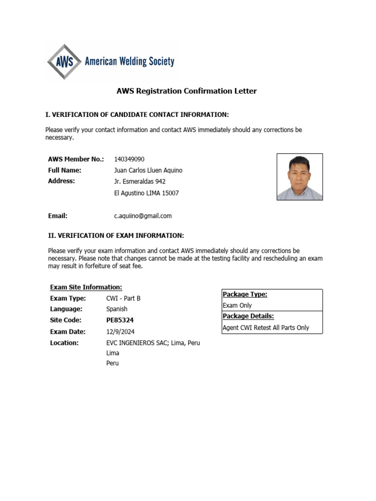 AWS Registration Confirmation Letter: I. Verification of Candidate Contact Information | PDF