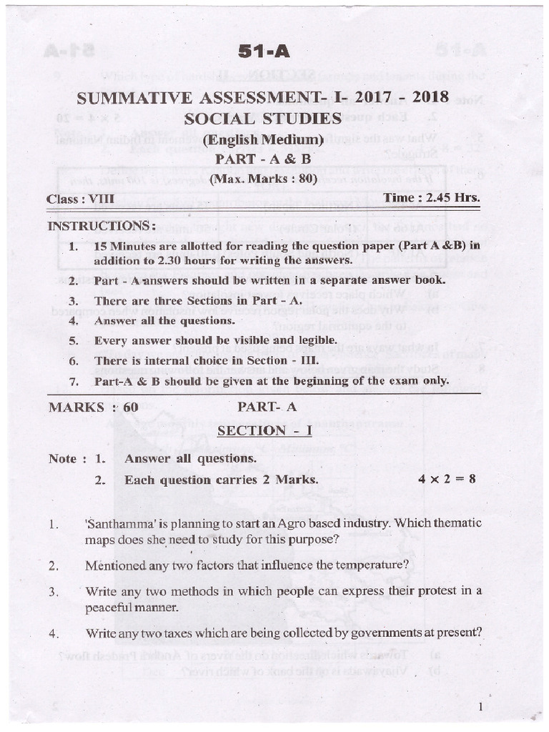 Andhra Class 8 Summative Assessment 1 Exam 2017 in Telabgaba Question Paper - Social Studies ...