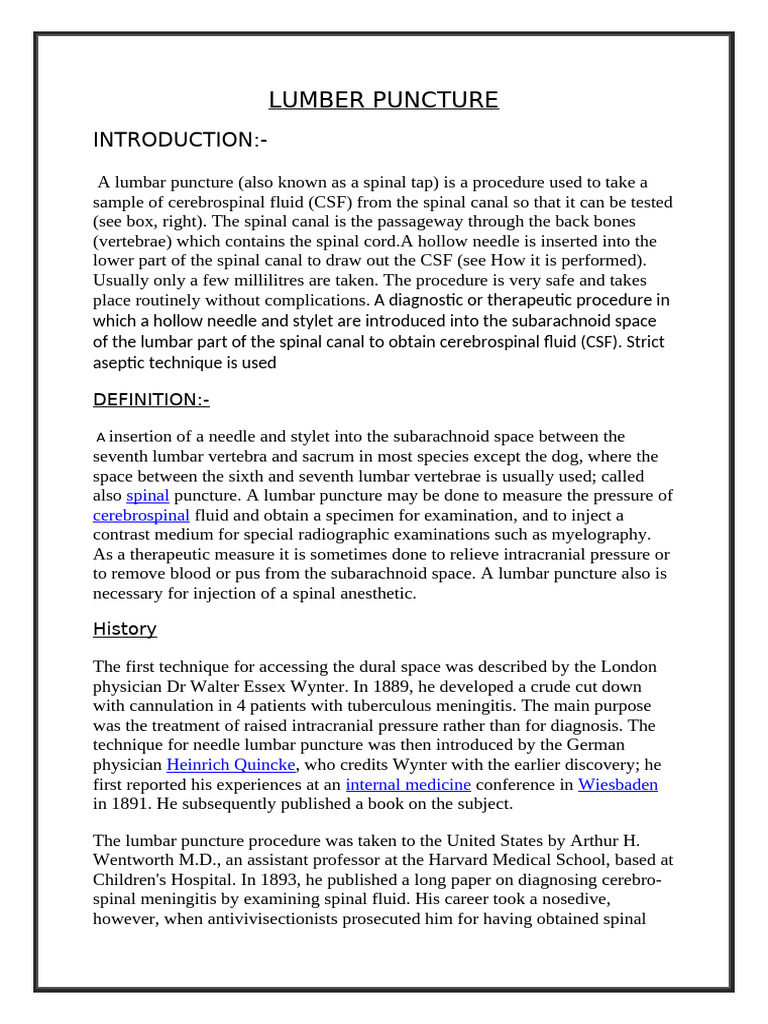 Lumber Puncture: Introduction | PDF | Cerebrospinal Fluid | Nervous System