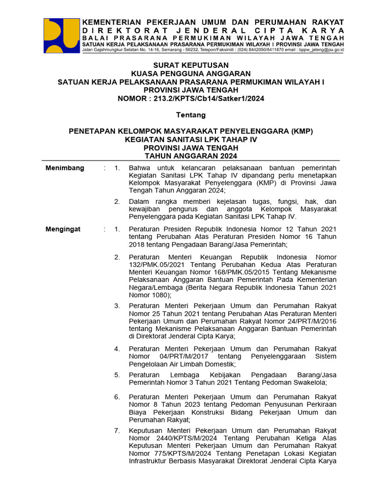 SK Kpa Penetapan KMP Sanitasi LPK Tahap 4 Ta 2024 | PDF