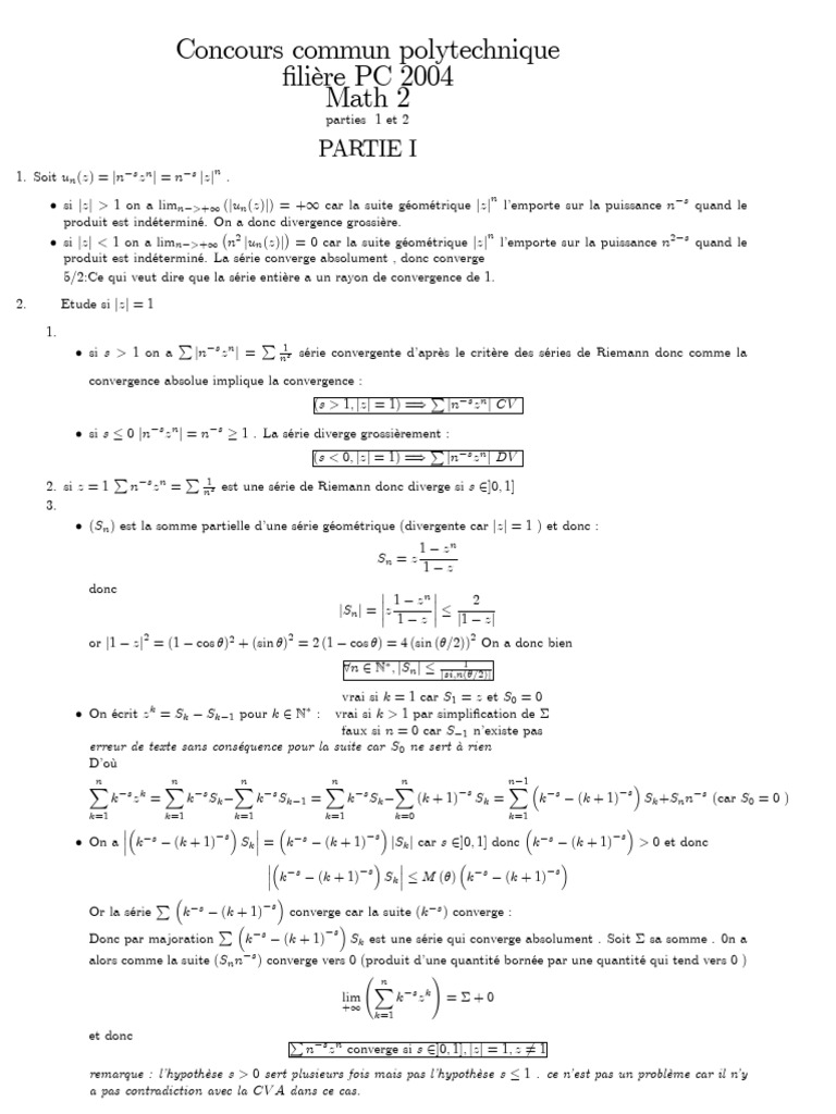 Concours Commun Polytechnique Lière PC 2004 Math 2: Partie I | PDF | Série entière ...