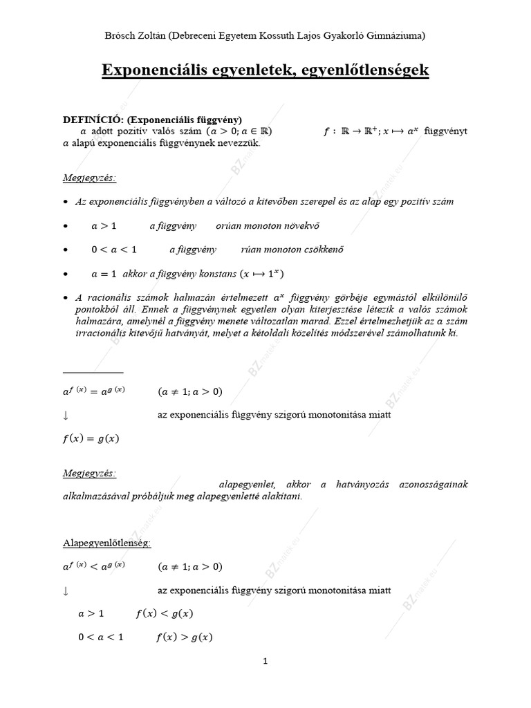 Egyenletek XVIII. Exponencialis Egyenletek E 1 | PDF