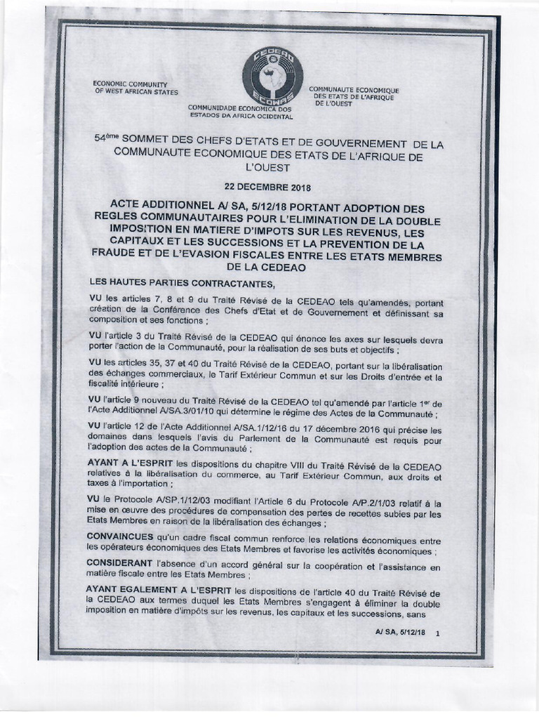 Acte Additionnel de 2028 Portant Adoption Des Regles Pour Lelimination de La Double Imposition 1 ...