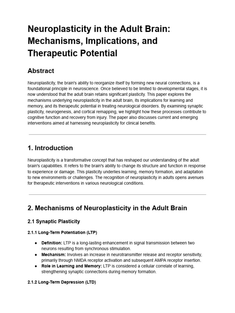 Neuroplasticity in The Adult Brain - Mechanisms, Implications, and Therapeutic Potential-1 | PDF ...