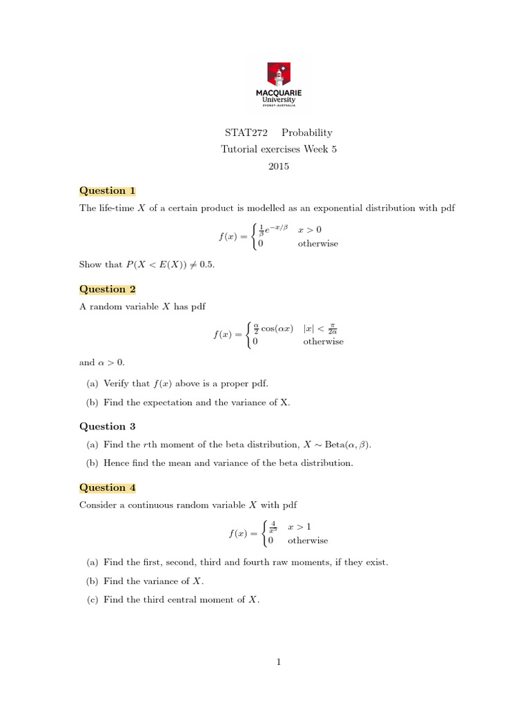 Week 5 Probability Tutorial Exercises | PDF