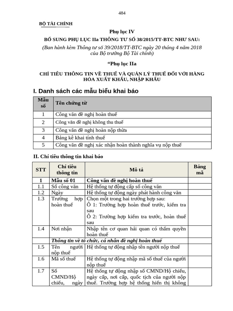 Phu Luc IIa - Chi Tieu Thong Tin TXNK 02.05 | PDF